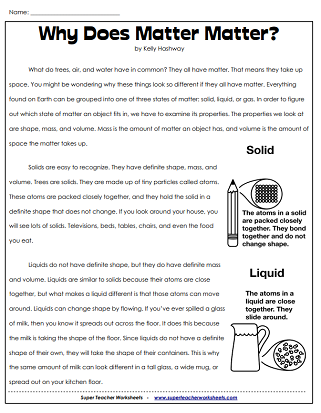 Matter Worksheets - Solid, Liquid, and Gas